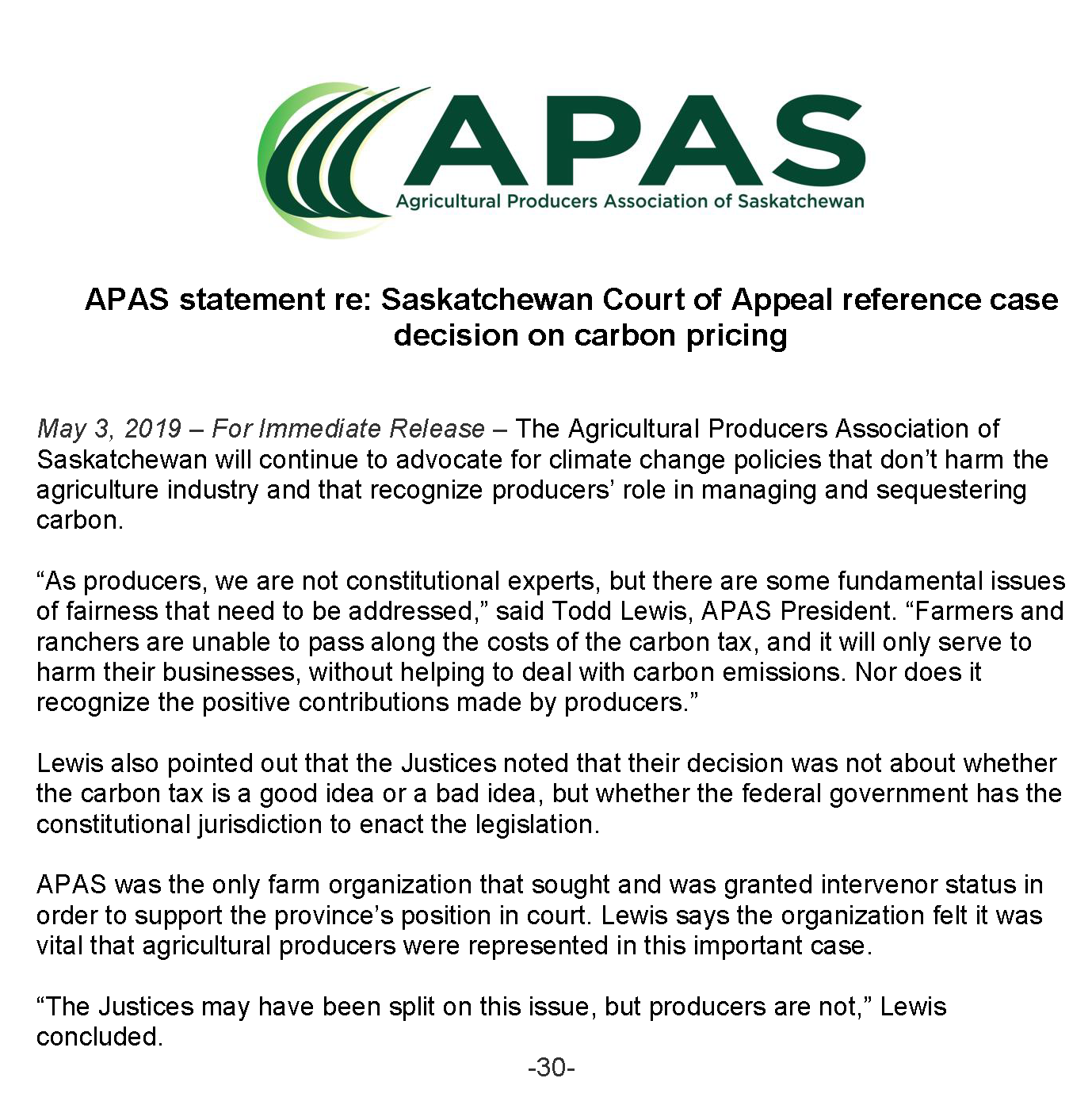 APAS statement re: Saskatchewan Court of Appeal reference case decision ...